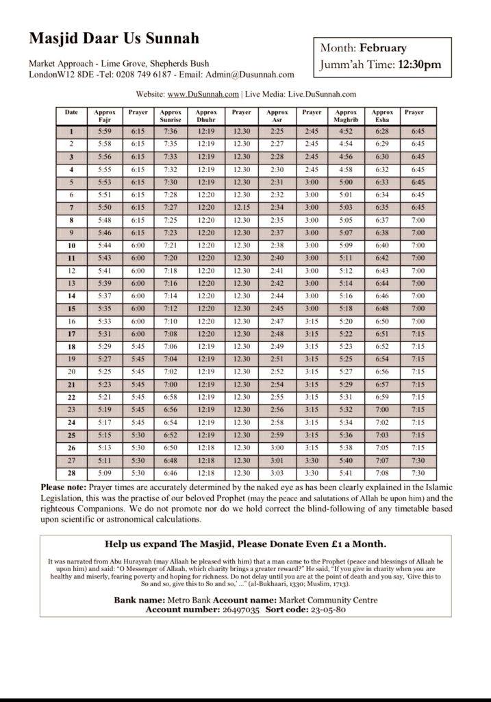 feb-2020-prayer-timetable | Masjid Daar us Sunnah